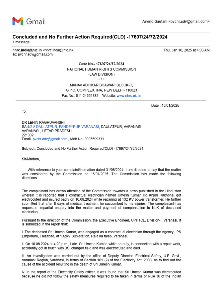 NHRC Case Closure: Umesh Kumar Electrocution | PDF