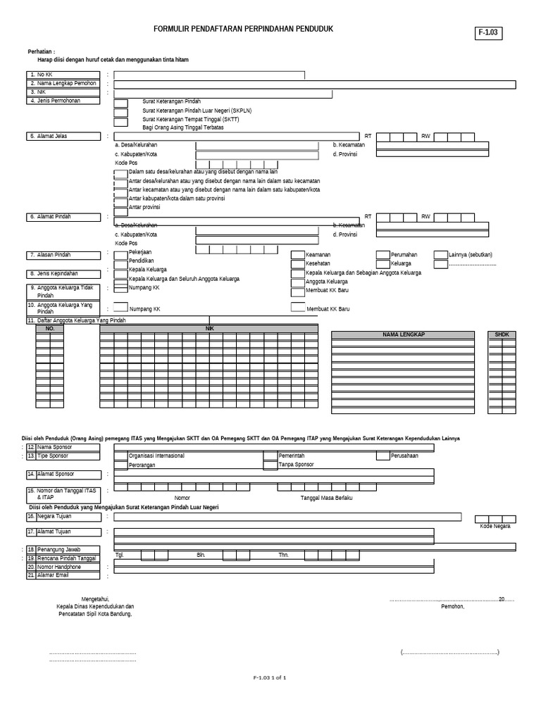Formulir Pendaftaran Pindah Penduduk | PDF