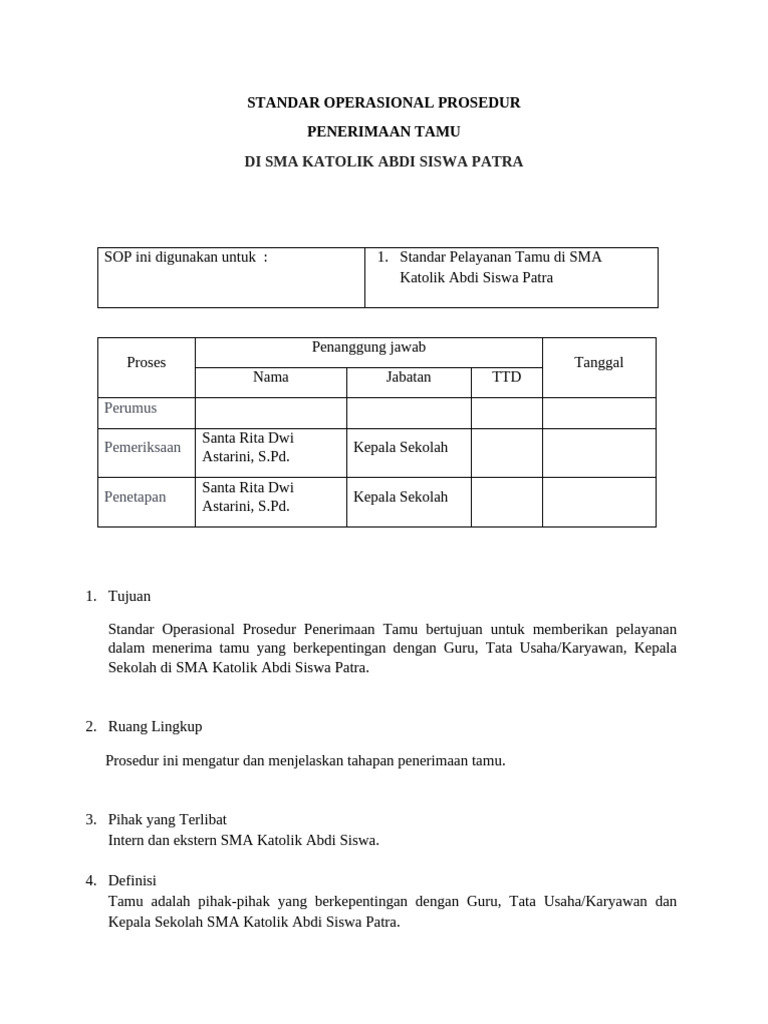 SOP Penerimaan Tamu SMA Katolik | PDF