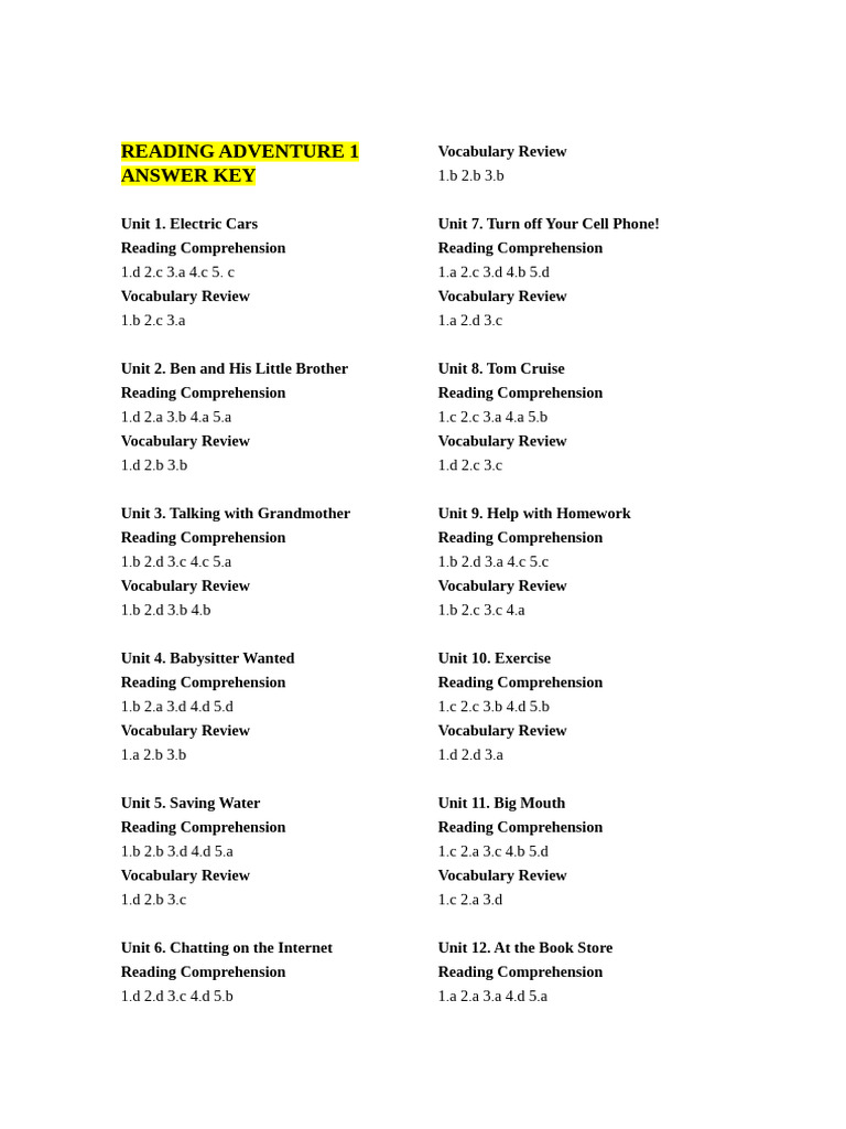 Reading Adventure 1 Answer Key | PDF | Human Communication | Reading ...