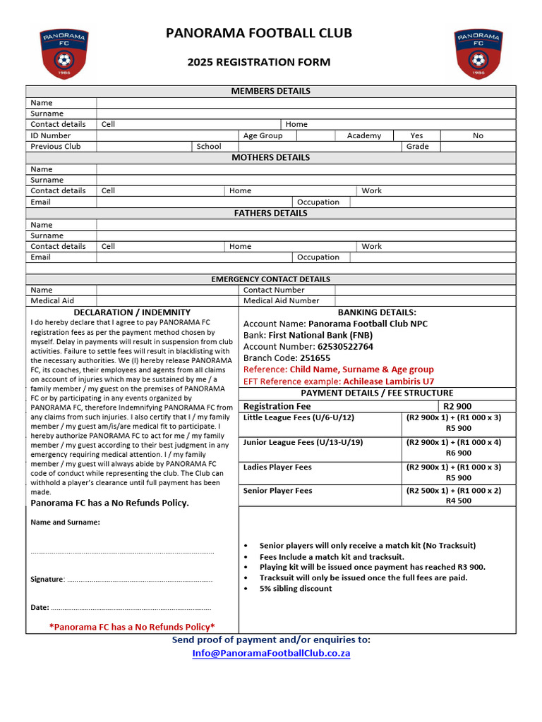 Panorama FC 2025 Registration Form | PDF