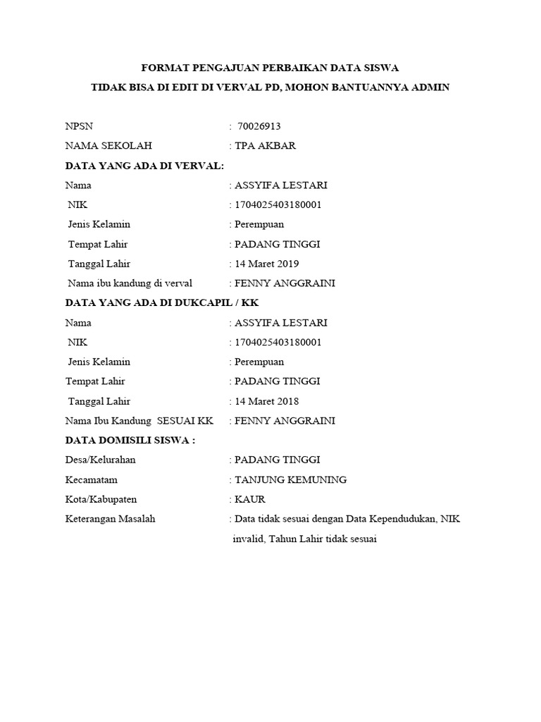 Format Pengajuan Perbaikan Data Siswa | PDF