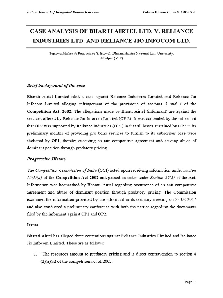 Bharti Airtel v. Reliance Jio Case Analysis | PDF | Market (Economics ...