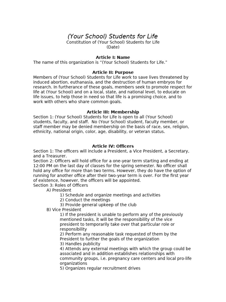 Constitution of Students for Life Group | PDF | Presidents Of The ...
