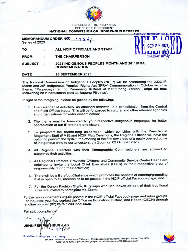 Memorandum Order No. 1124 Re 2023 Indigenous Peoples Month and 26th ...