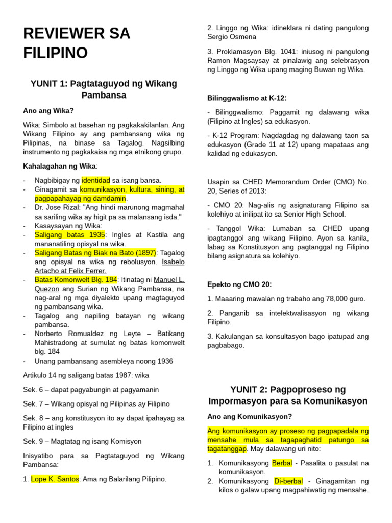 Reviewer Sa Filipino | PDF