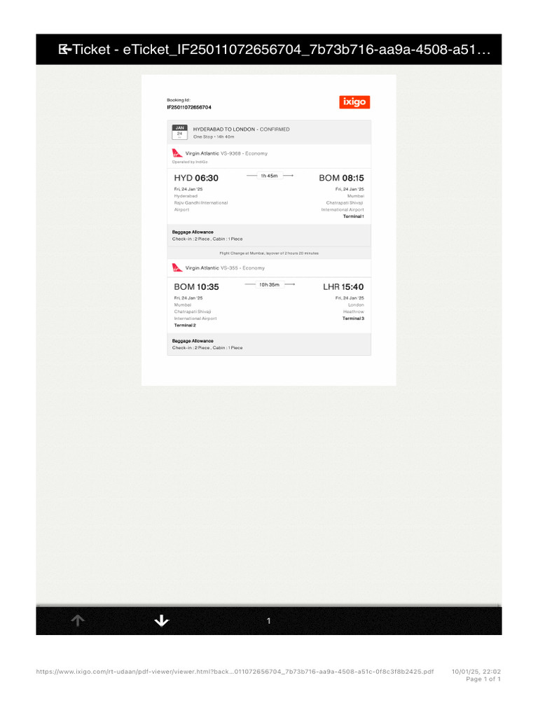 E-Ticket - Eticket - IF25011072656704 - PDF | PDF