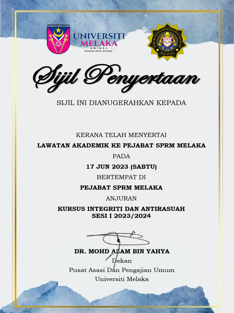 E-Sijil Penyertaan Lawatan Akademik Ke Pejabat SPRM Melaka | PDF