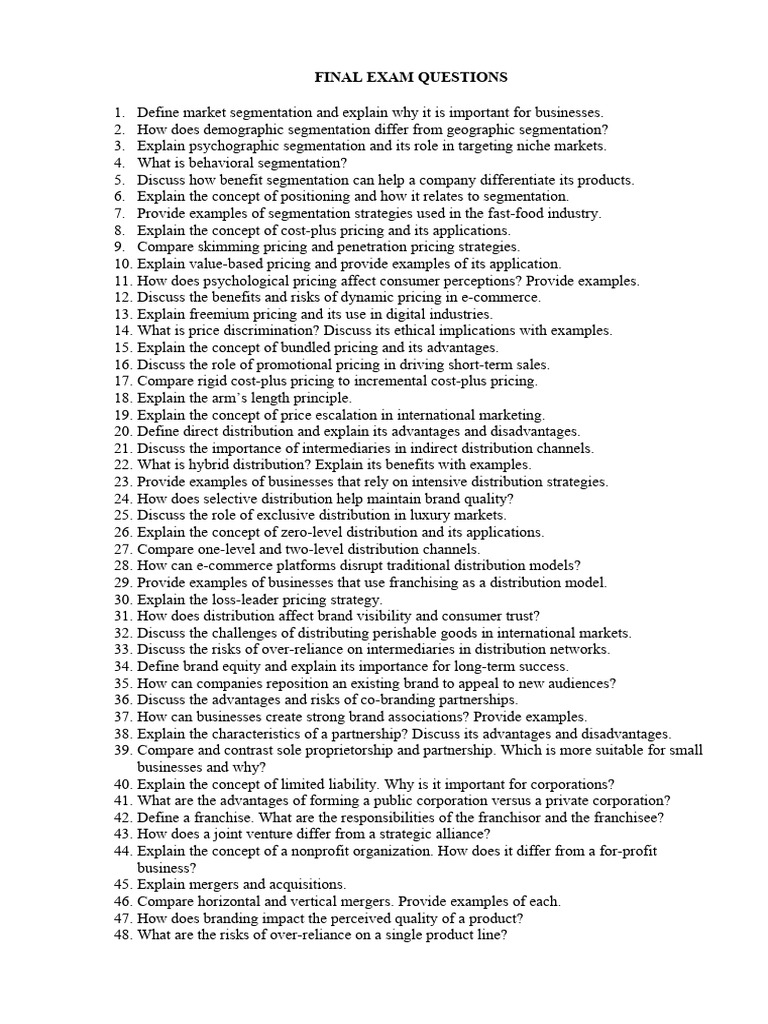 Final exam questions | PDF | Pricing | Market Segmentation