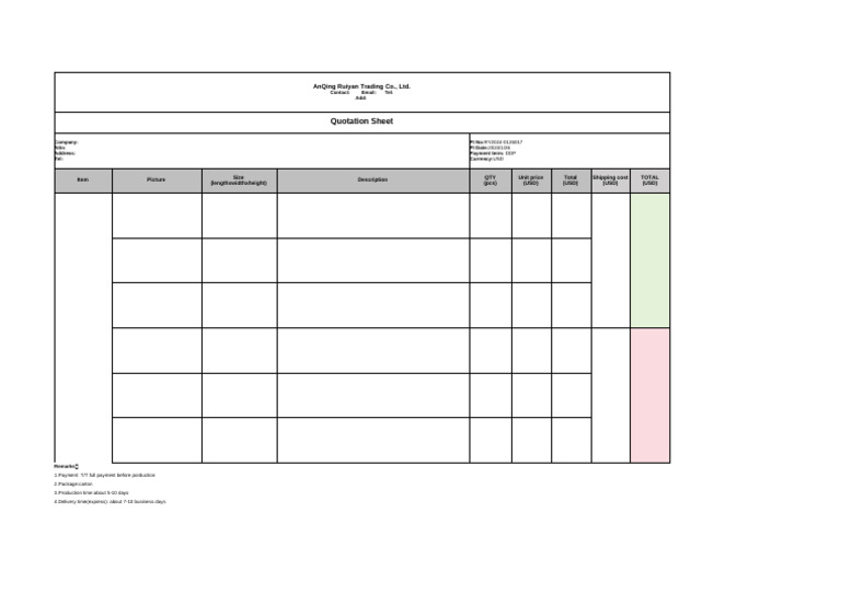 Quotation Sheet Template for Trade | PDF
