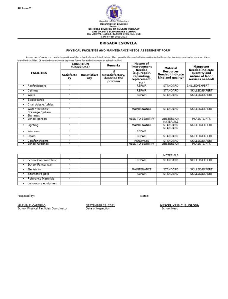 BE Form 1 PHYSICAL FACILITIES AND MAINTENANCE NEEDS ASSESSMENT FORM | PDF