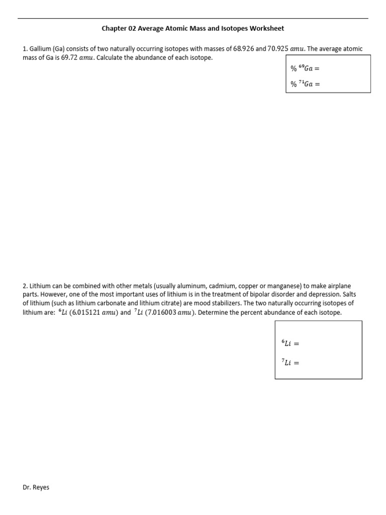Chapter 02 Average Atomic Mass and Isotopes Worksheet PDF | PDF ...
