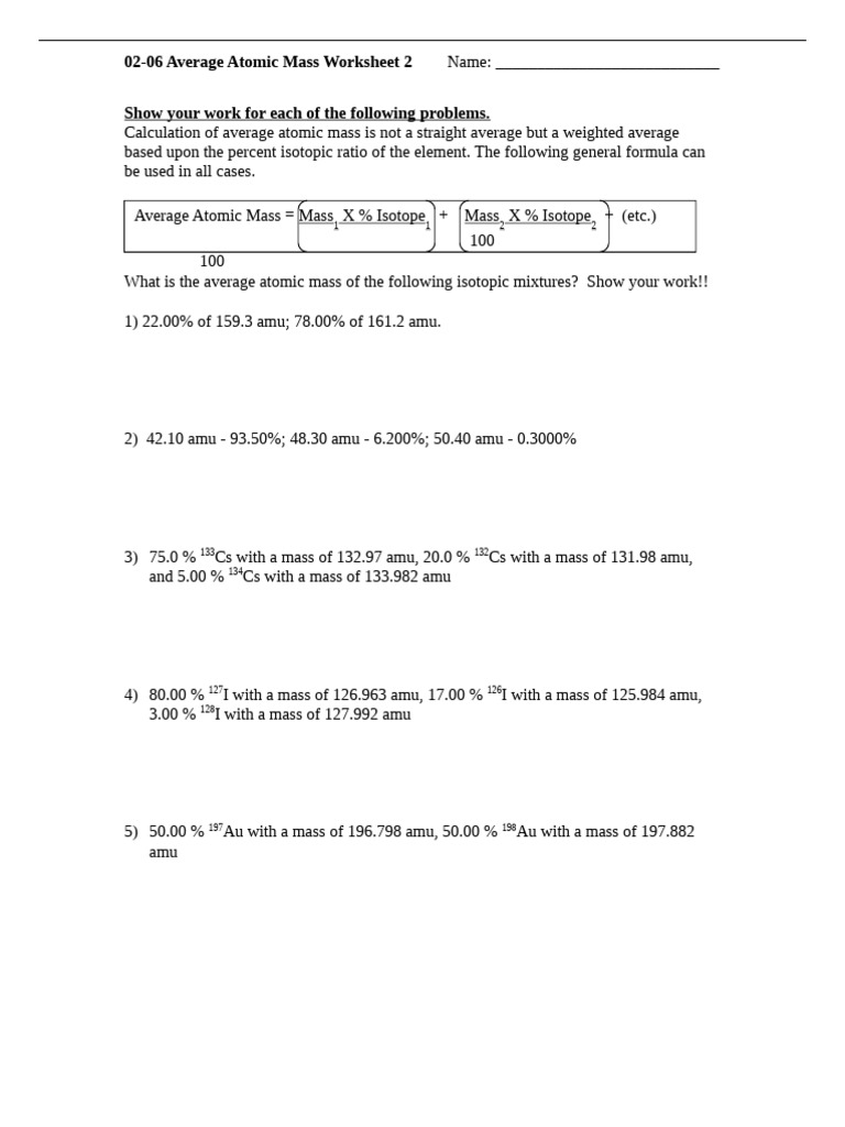 02 06 Average Atomic Mass Worksheet 2 1 1 | PDF | Isotope | Chemical ...