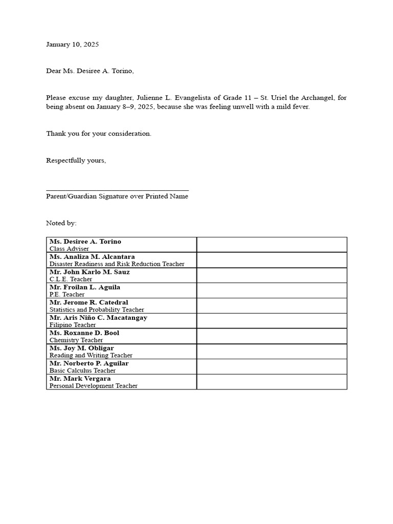 Student Absence Excuse Letter Template | PDF