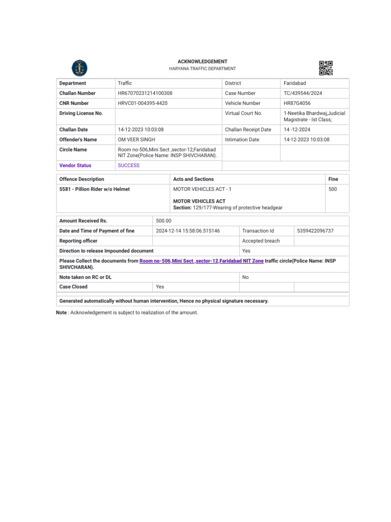 Faridabad Traffic Challan Acknowledgement | PDF | Transport | Road ...