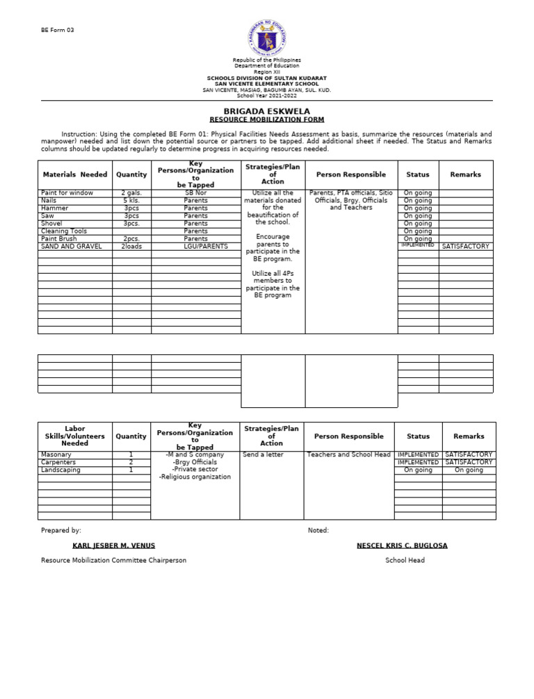 BE Form 3 RESOURCE MOBILIZATION FORM | PDF