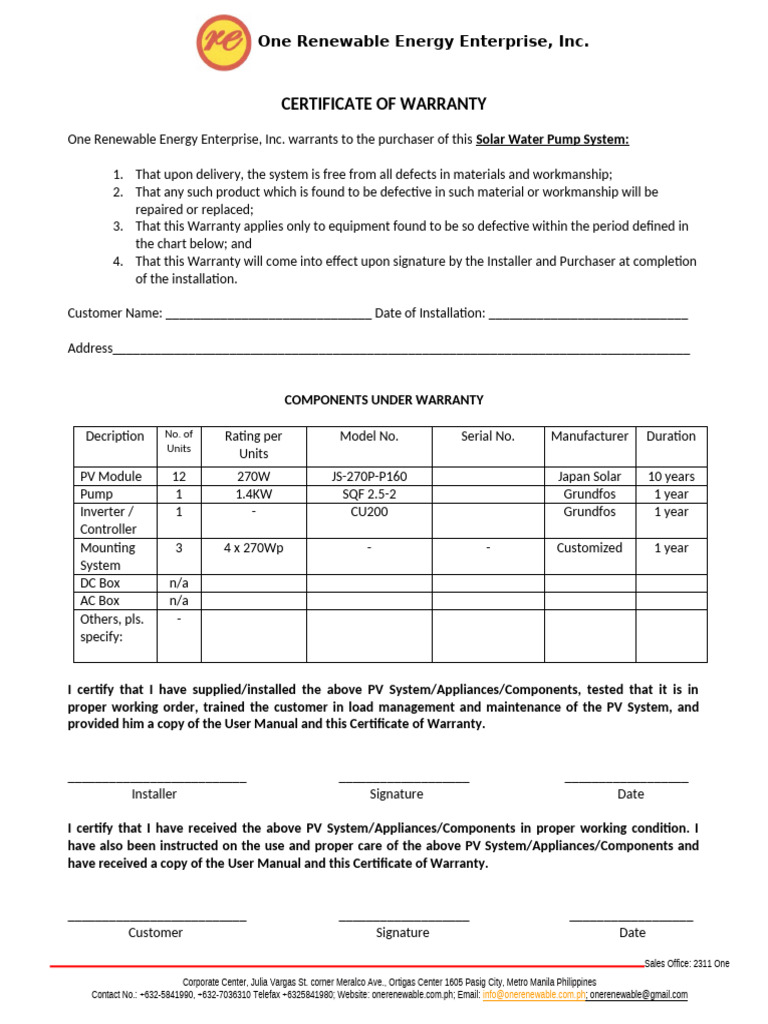 Certificate of Warranty | PDF | Photovoltaic System | Photovoltaics