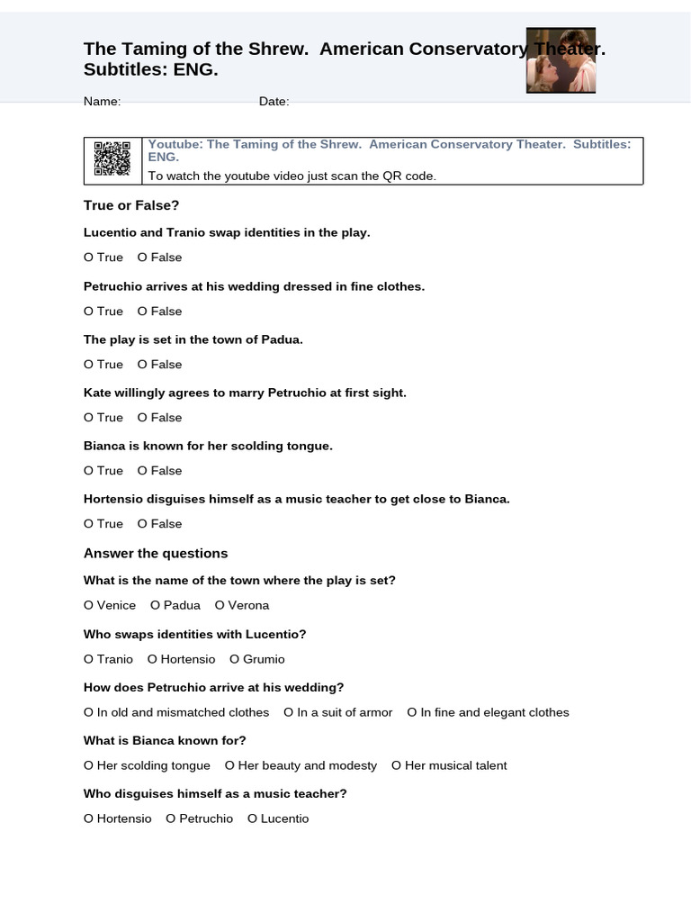 Taming of the Shrew Study Guide | PDF