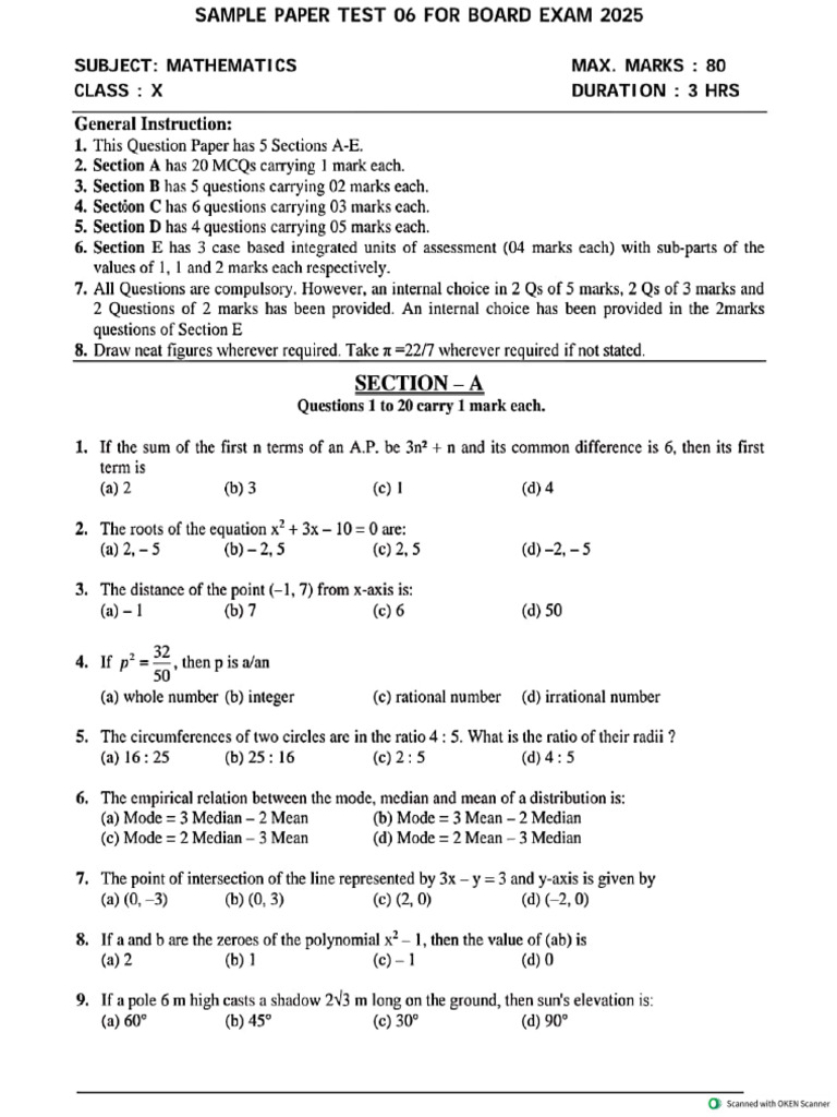 Maths Class X Sample Paper Test 06 For Board Exam 2025 QP | PDF