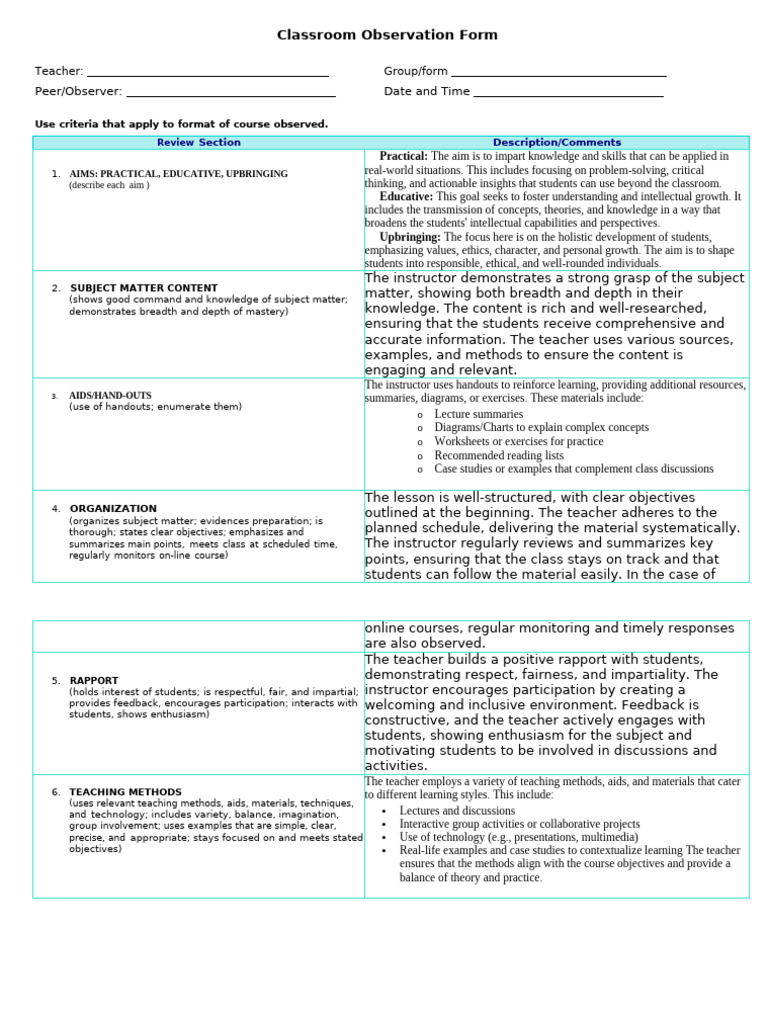 Classroom Observation Evaluation Form | PDF | Teachers | Teaching Method