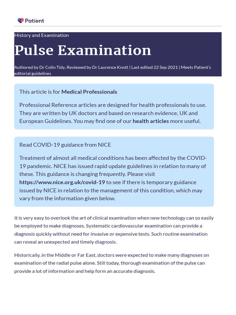 Pulse Examination. Cardiovascular (CVS) examination. Patient | Patient ...