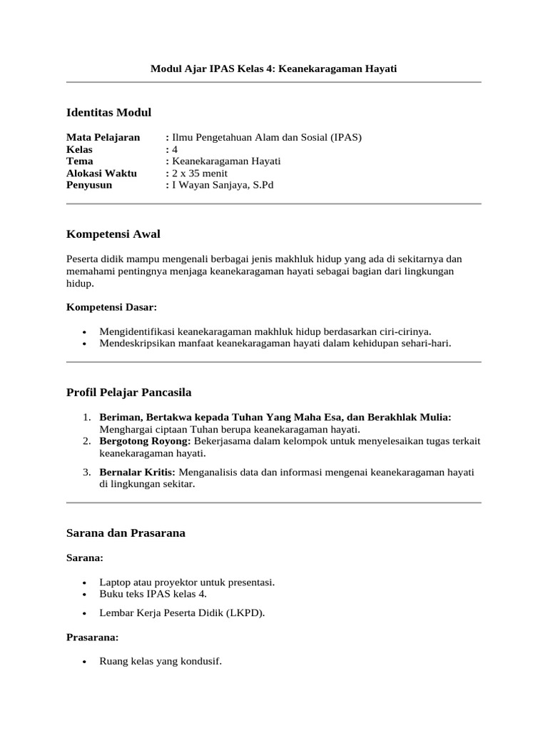 Modul Ajar IPAS Kelas 4 Keanekaragaman Hayati | PDF