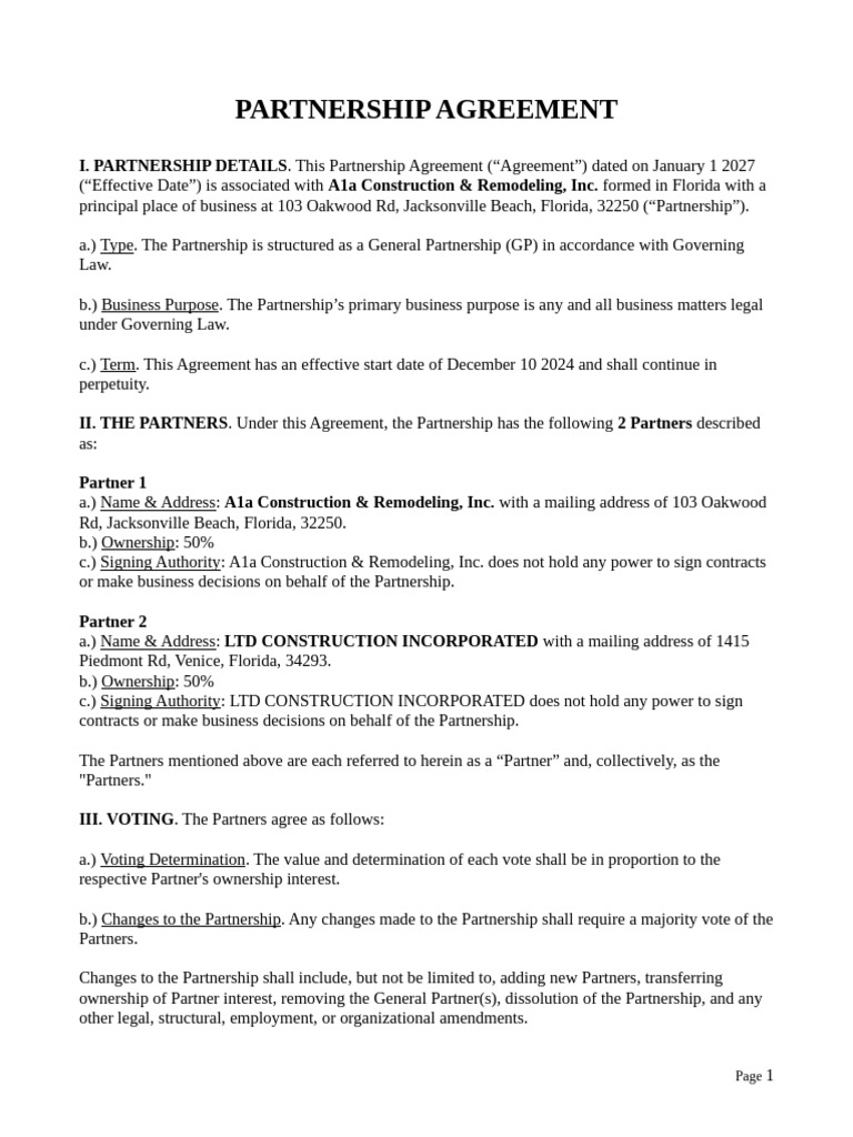Florida Partnership Agreement Overview | PDF | Partnership | Indemnity
