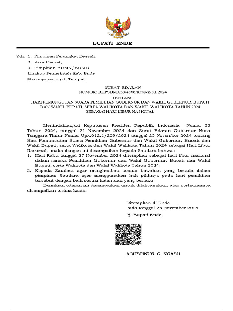 Edaran Hari Libur Pilkada 2024 | PDF