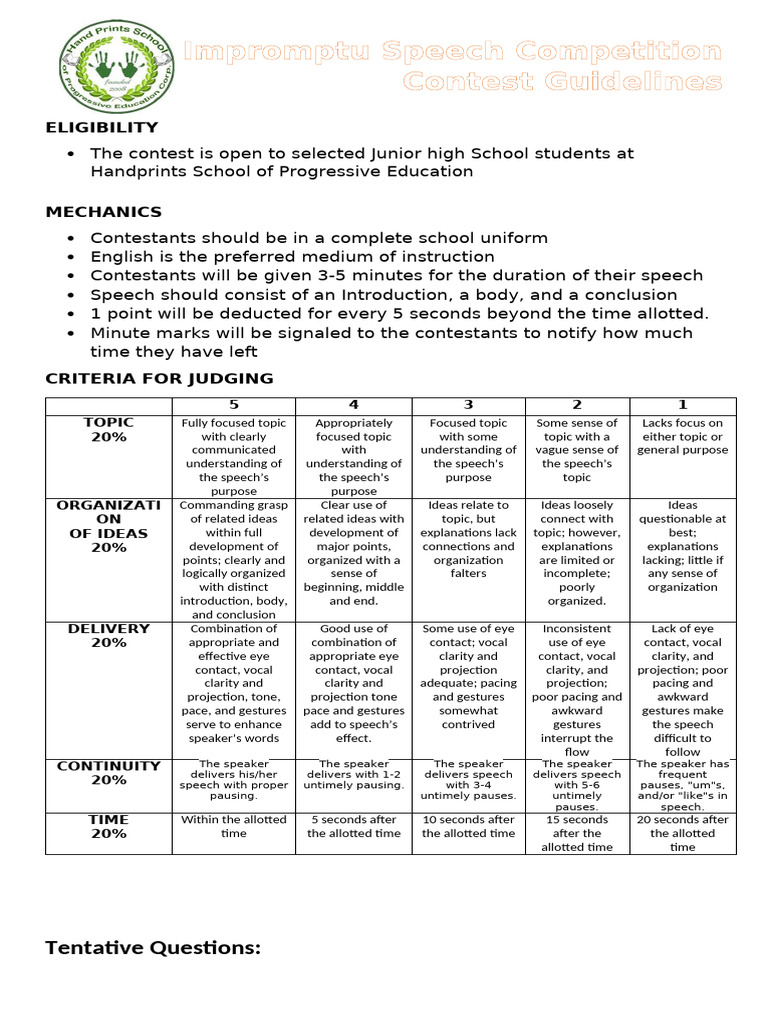 Impromptu Speech Guidelines | PDF