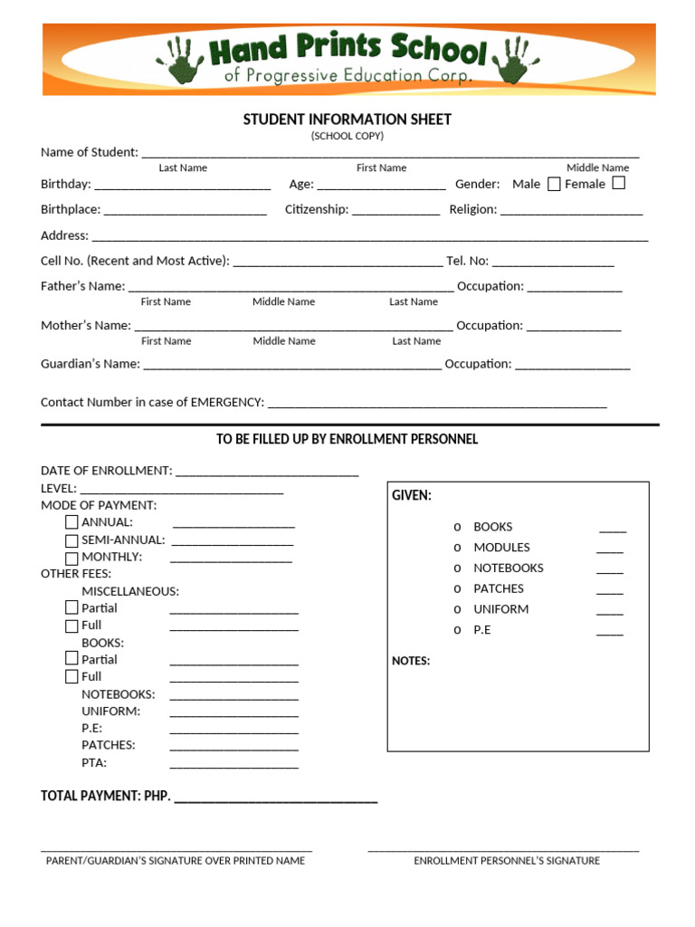 Student Information Sheet 2020 | PDF