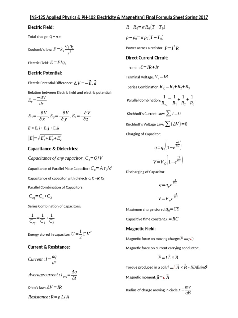 NS-125 Physics Formula Overview | PDF | Inductance | Capacitor