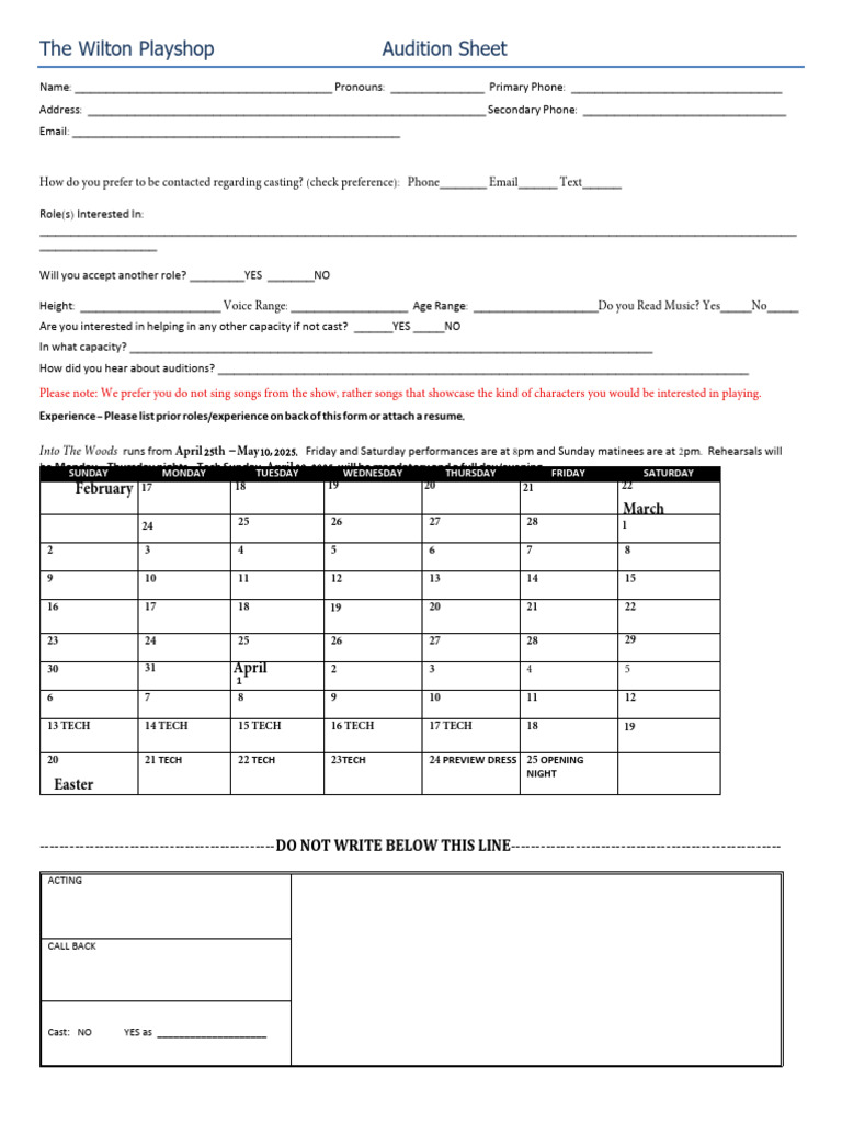 Wilton Playshop Audition Sheet | PDF