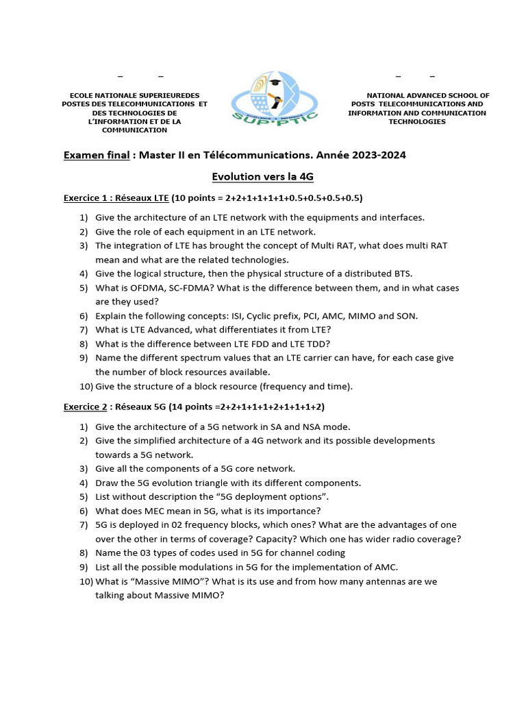 Examen Final 2024 Evolution Vers La 4G ENG | PDF | Lte (Telecommunication) | 4 G