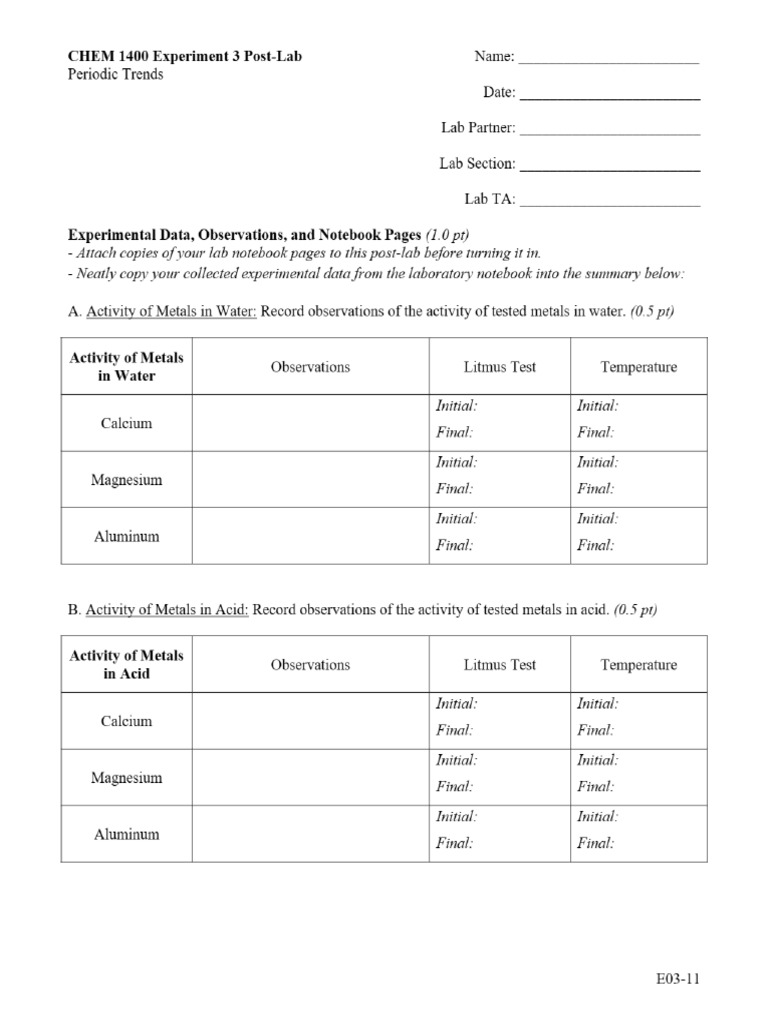 Exp 3 - Periodic Trends - Post Lab - CHEM1400L19 - General Chemistry 1 | PDF