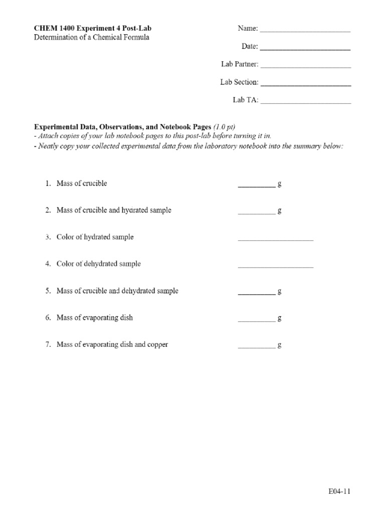 Exp 4 - Chemical Formula - Post Lab - CHEM1400L19 - General Chemistry 1 | PDF