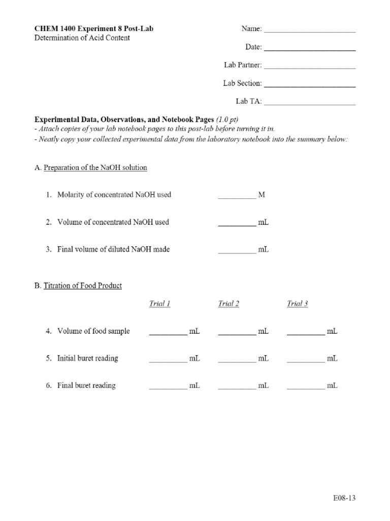 Exp 8 - Acid Content - Post Lab - CHEM1400L19 - General Chemistry 1 | PDF