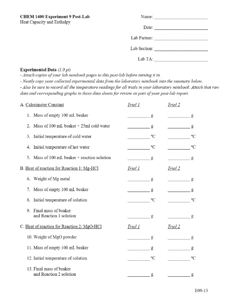 Exp 9 - Heat Capacity - Post Lab - CHEM1400L19 - General Chemistry 1 | PDF
