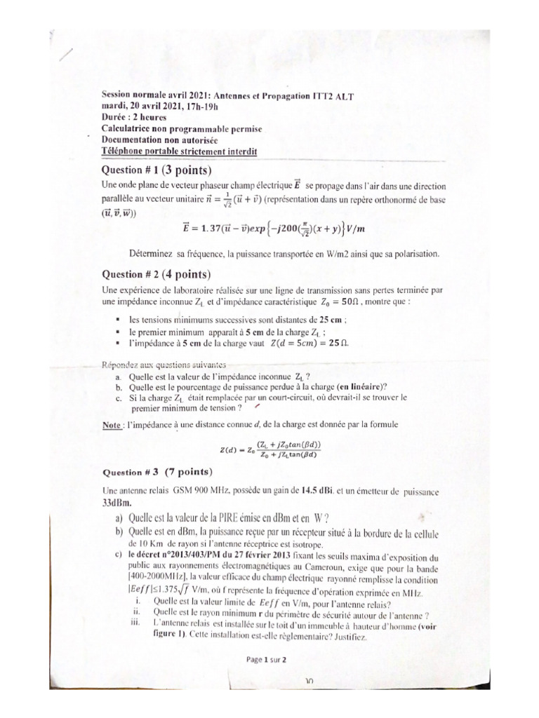 Session normale avril 2021 Antennes et Propagation ITT2 ALT | PDF