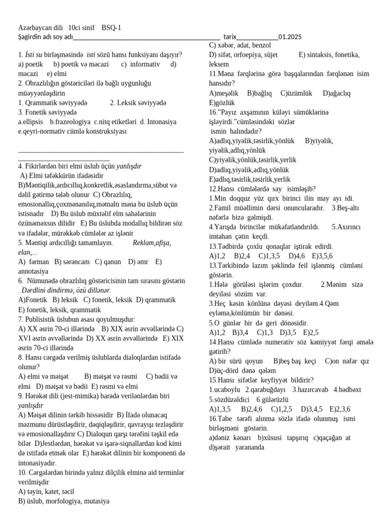 Az Dili 11ci Sinif BSQ-1 | PDF