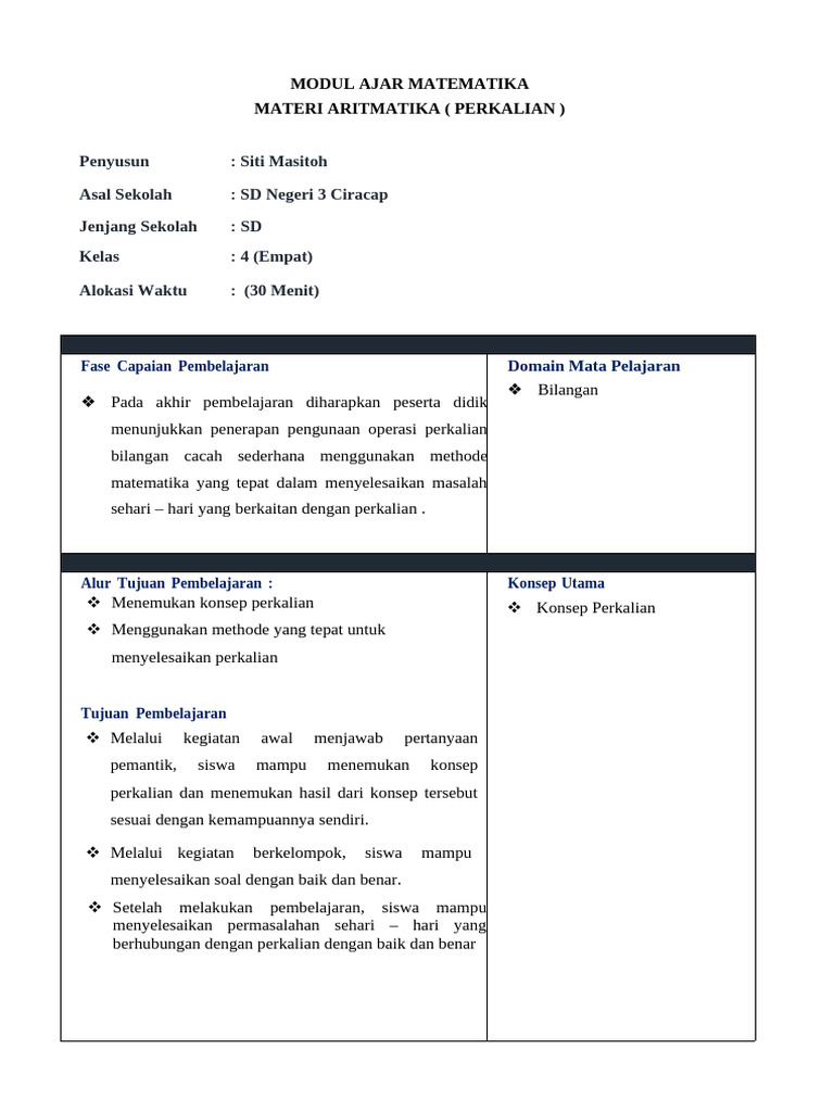 Modul Ajar Perkalian SD Kelas 4 | PDF