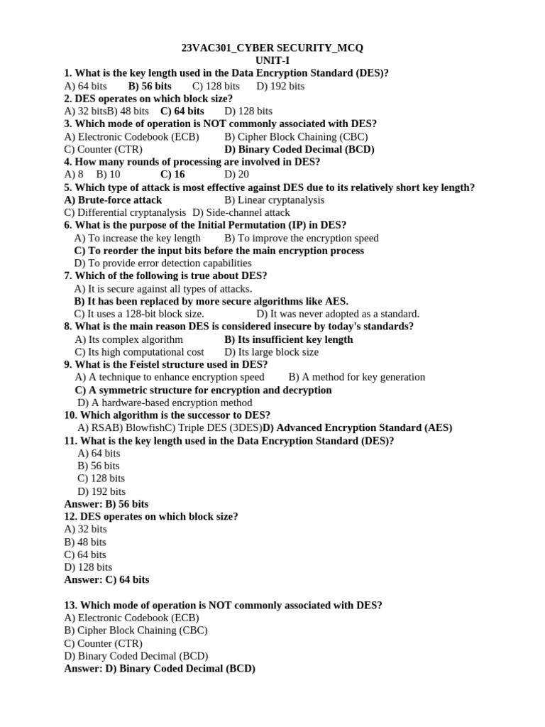 Cyber Security - MCQ - UNIT I, II, III, IV, & V | PDF | Public Key Cryptography | Key (Cryptography)