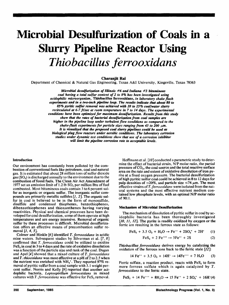 1985 - Microbial Desulfurization of Coals in A | PDF | Sulfur | Coal