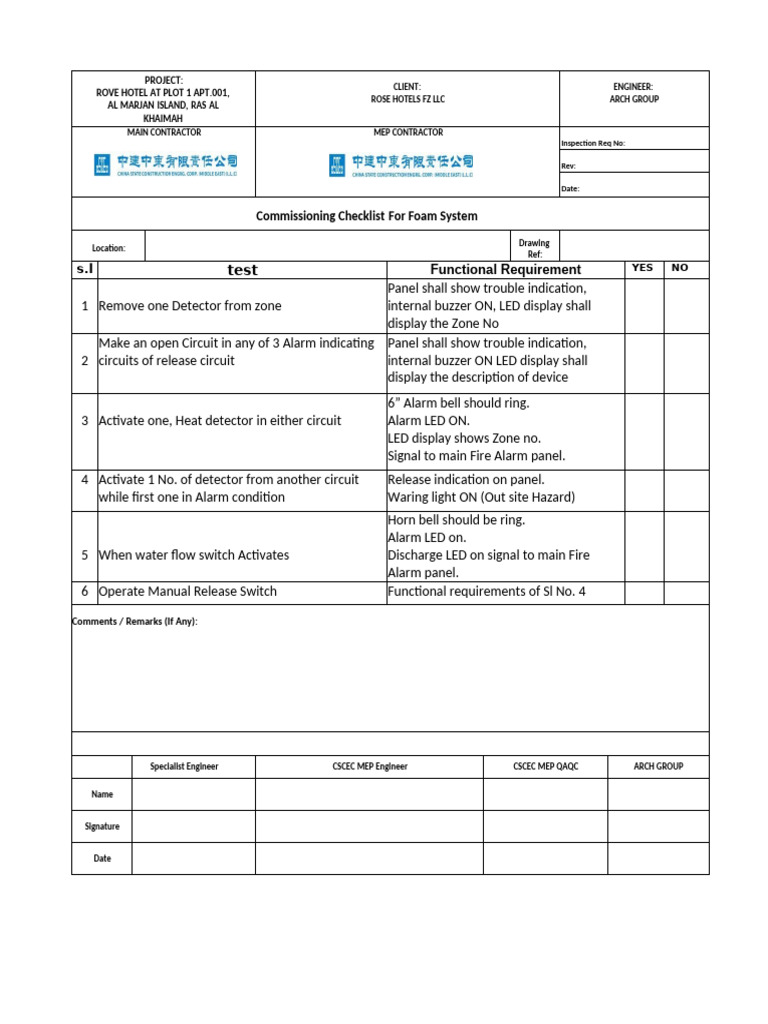 Foam System Commissioning Checklist | PDF | Manufactured Goods | Equipment