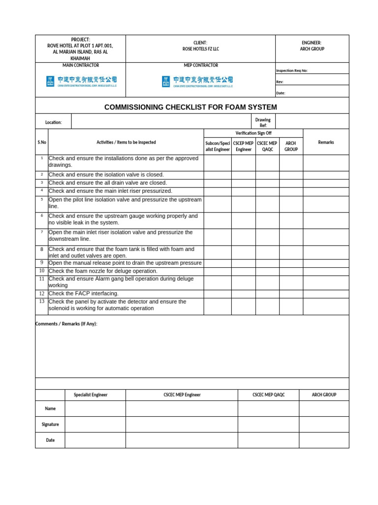 Foam System Commissioning Checklist | PDF | Valve | Manufactured Goods