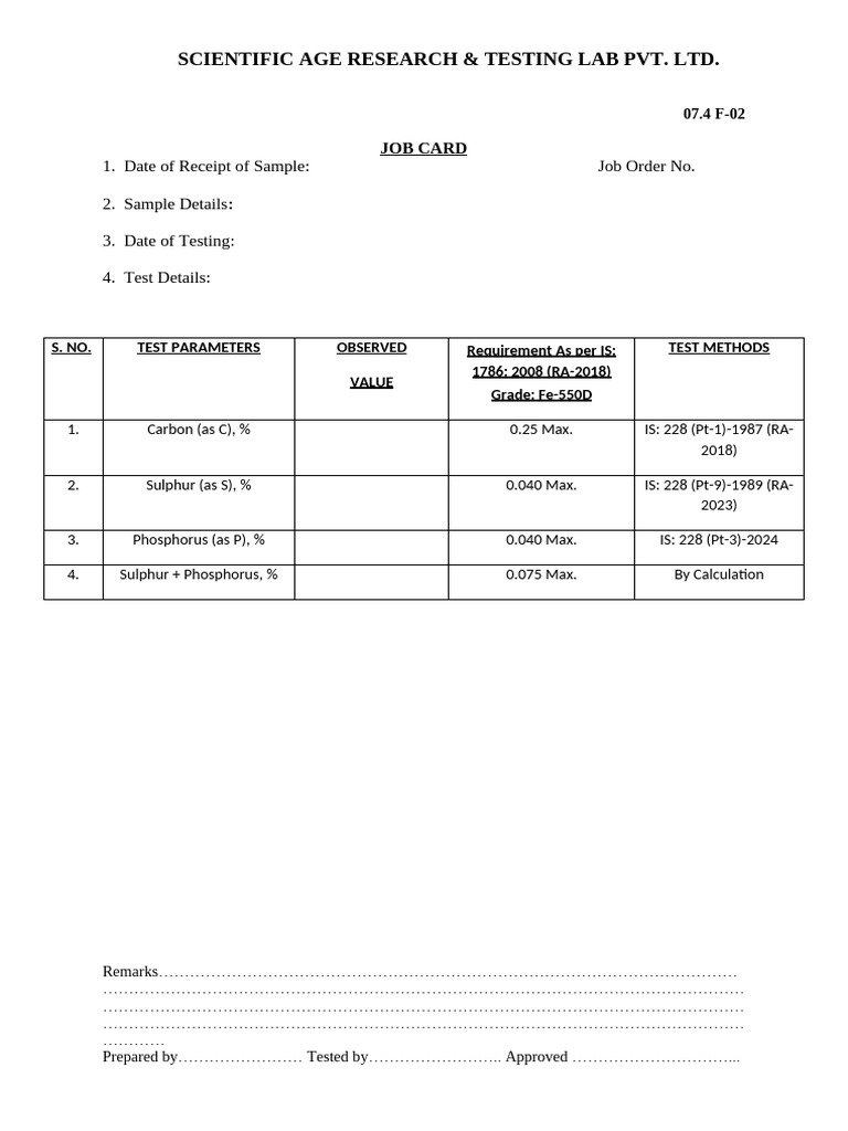 TMT Steel Job Card | PDF