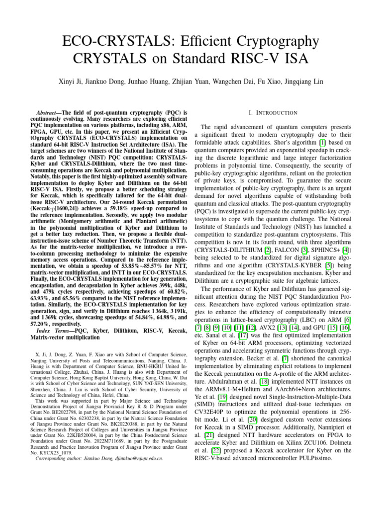 ECO-CRYSTALS_Efficient_Cryptography_CRYSTALS_on_Standard_RISC-V_ISA | PDF | Cryptography ...