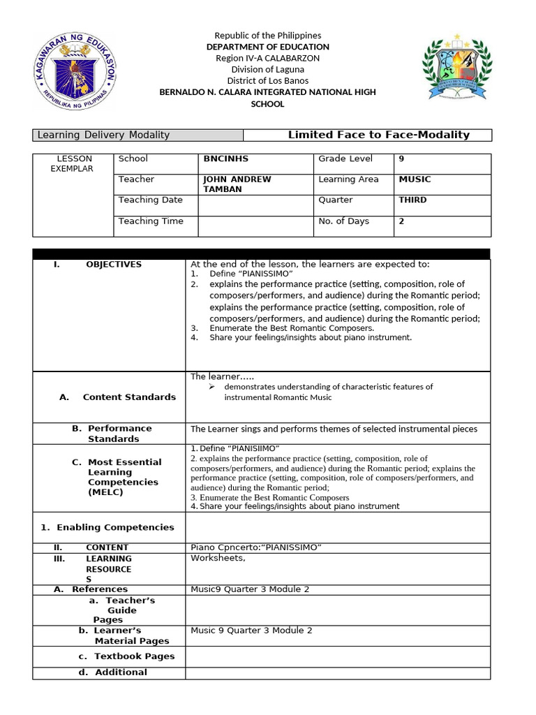Lesson Exemplar in Week 1& 2 (Music) | PDF | Franz Schubert | Music