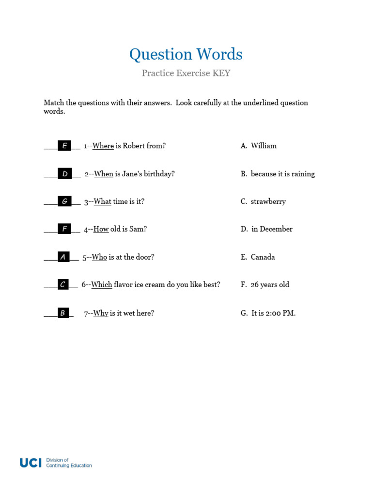 ESL Question Words Practice | PDF