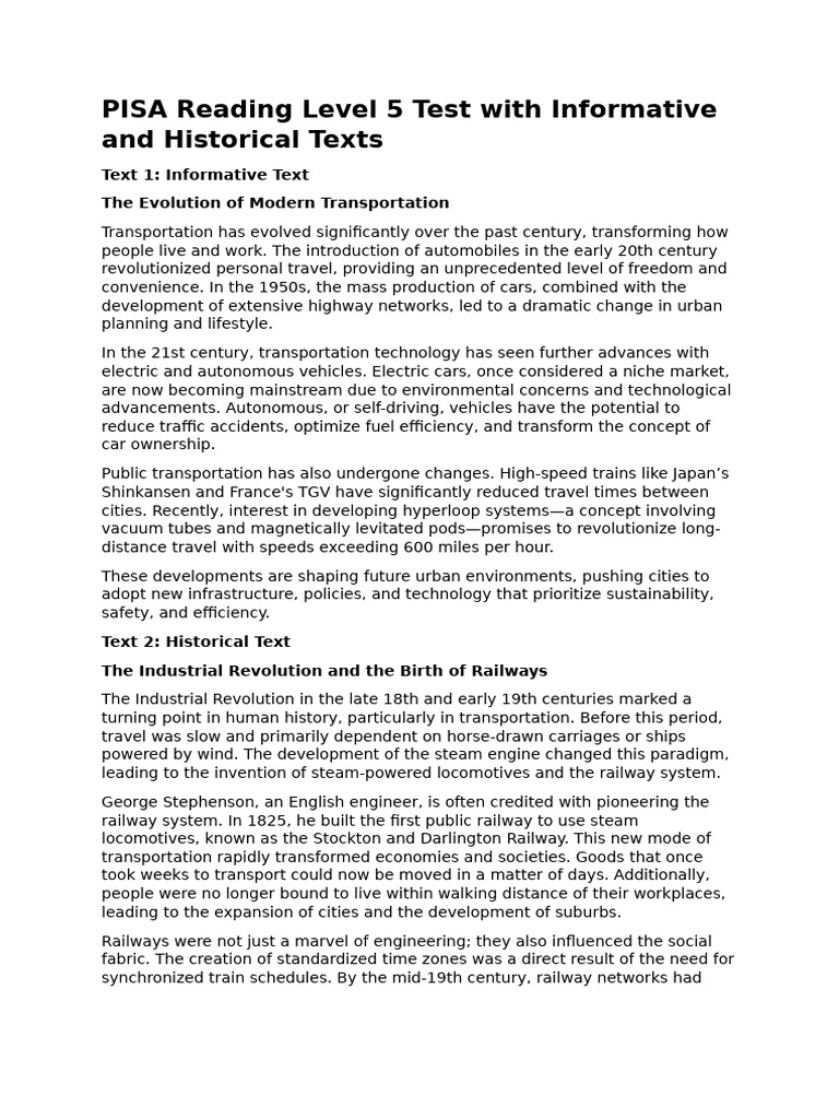 PISA Reading Level 5 Test With Informative and Historical Texts | PDF ...
