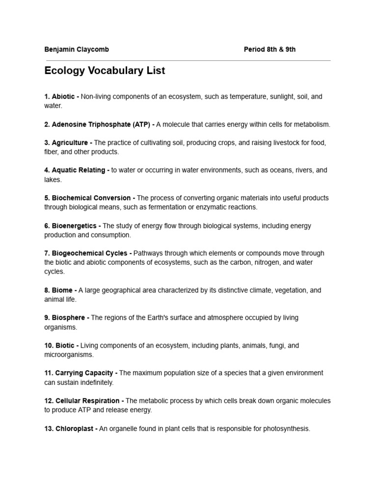 Ecology Vocabulary List | PDF | Ecosystem | Ecology